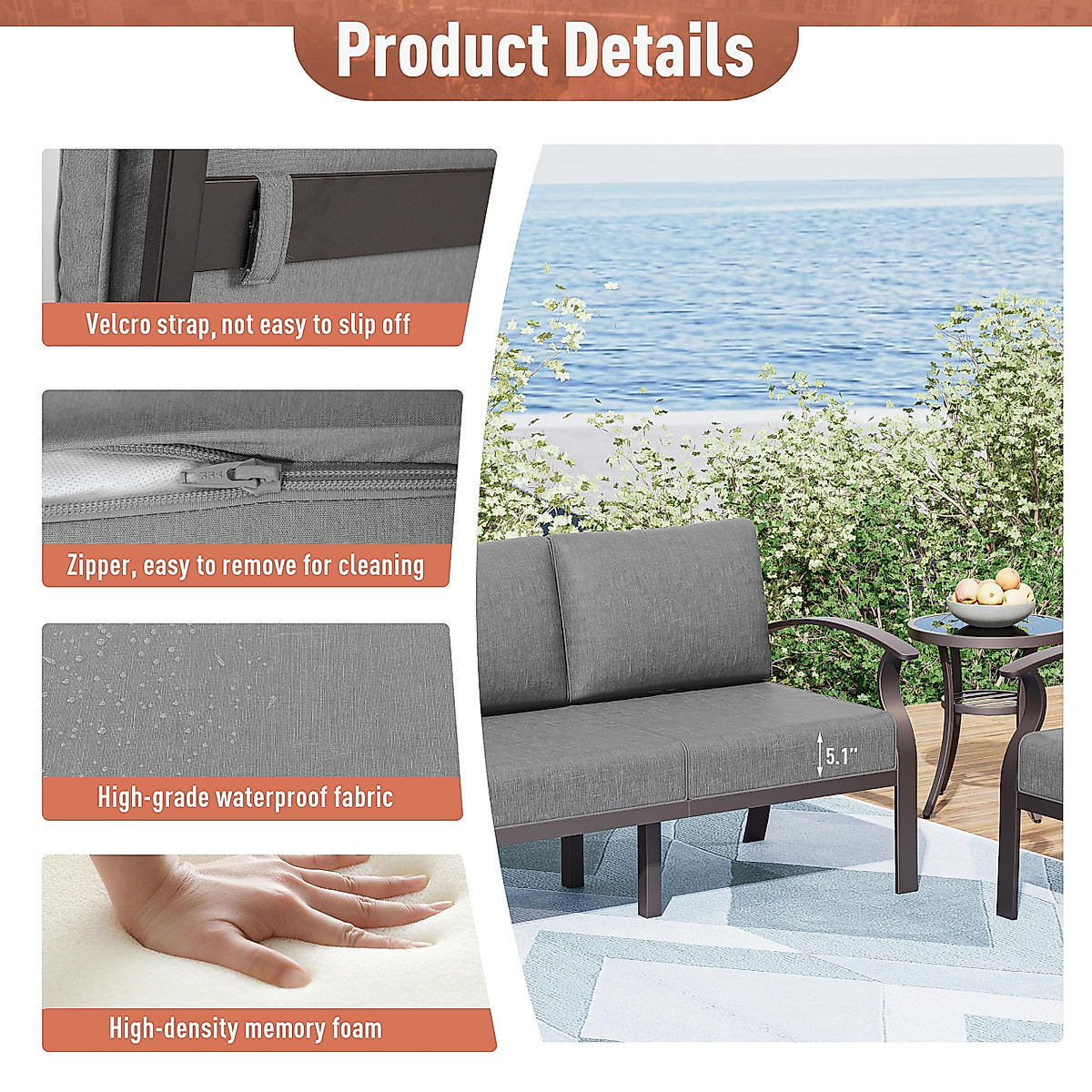 Kurapika Aluminum Patio Furniture Set 5-Seat Modern Metal Outdoor Conversation Sets w/45in Propane Fire Pit Table, Swivel Rocking Chairs Patio Sectional Sofa w/5.1 Inch Cushion, Grey
