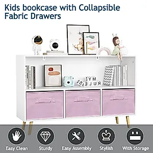 IAFIKE Toy Organizers and Storage, Kids Bookshelf with 3 Cube Fabric Bins and Drawers,Nursery Bookcases, Cabinets & Shelves Toddler Book Shelf for Bedroom,Playroom,Livingroom (Pink)