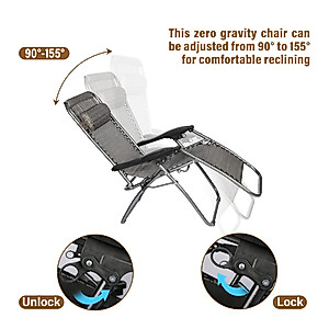 LUCKYERMORE Adjustable Textilene Zero Gravity Chairs Set of 2, Diamond Design Outdoor Folding Reclining Lounge Chair with Pillow, Hold up to 300 LBS, Patio Recliners for Pool Beach, Grey and Brown