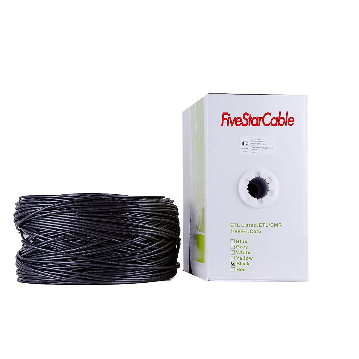 FiveStarCable Cat6 CMR 1000 Ft 23AWG Riser Rated Solid Bare Copper Cable 4 Twisted Pair UTP Bulk Ethernet Router Network POE Security Camera Cable LAN Cable PVC Black