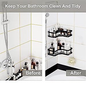 Corner Shower Caddy No Drilling,Shower Organizer Corner,Strong Adhesive Shower Shelves,Metal Bathroom Organizer Shower with Hooks,Shower Wall Caddy Waterproof,Rustproof Black 2 Pack