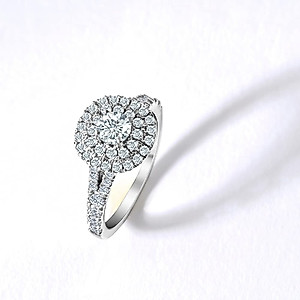 Pompeii3 10k White Gold 1 Ct T.W. Round-Cut Diamond Cushion Double Halo Engagement Ring Split Band High Women's Polished Band