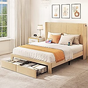 YITAHOME Queen Size Bed Frame, Platform Bed Frame with Storage Drawers, Upholstered Bed Frame with Headboard Built-in 2 USB Charging Stations and Strong Wood Slats Support, No Box Spring Needed, Beige