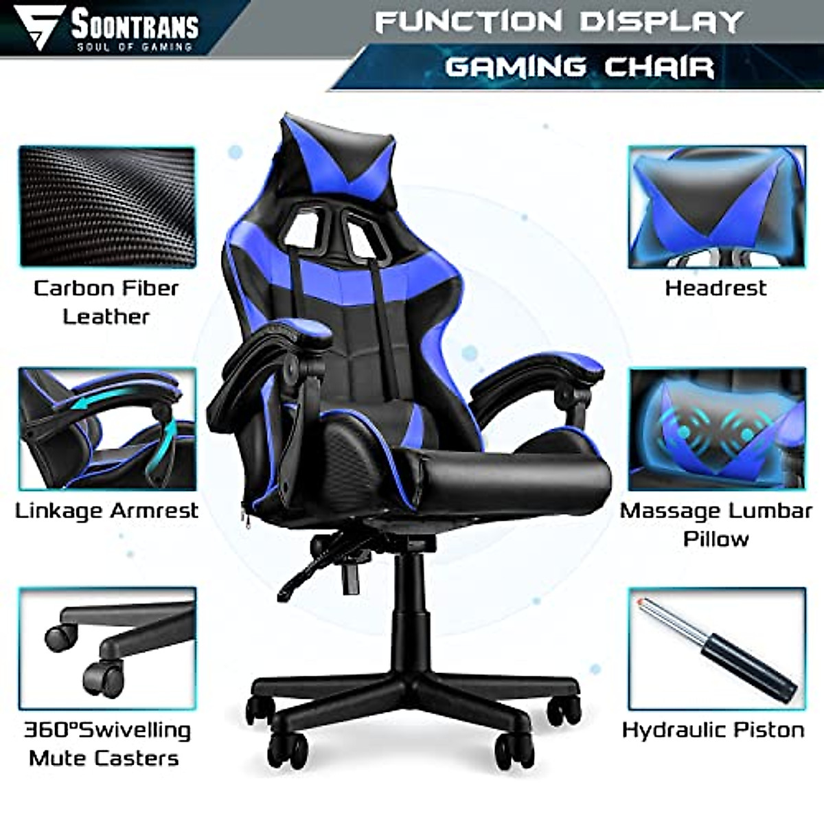 Soontrans Blue Gaming Chairs with Massage,Ergonomic Computer Gamer Chair,Game Chair with Adjustable Headrest and Lumbar Support (Storm Blue)