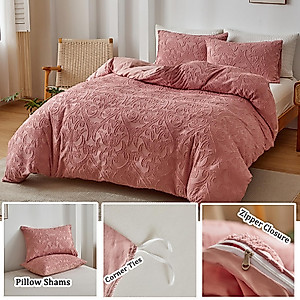 Warmarky Pink Duvet Cover Queen Size Boho Tufted Duvet Cover Queen(90x90’’) Soft Breathable Cation Microfiber Light-Weight Bedding Set,1pcs Comforter Cover,2pcs Envelop Pillowcase