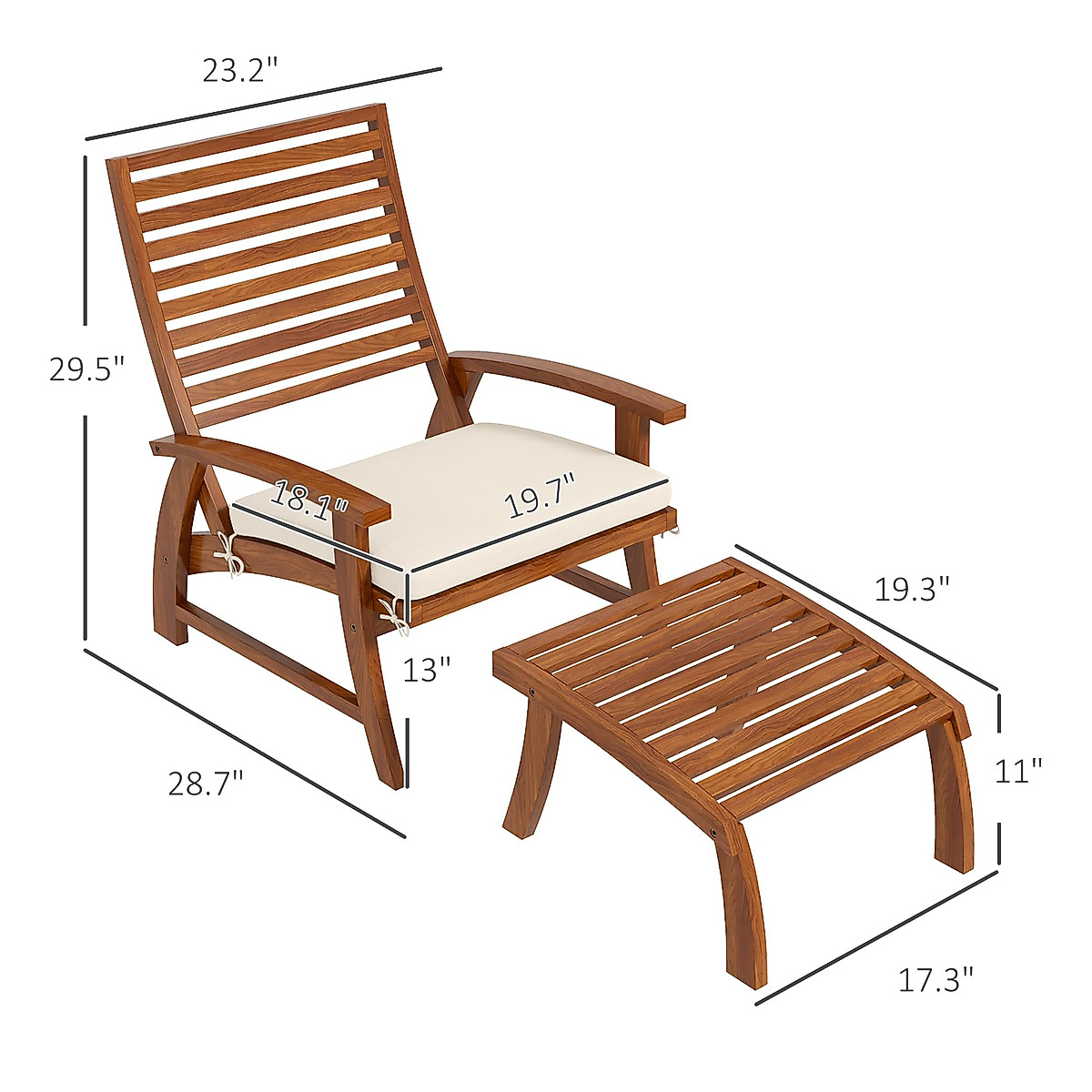 Outsunny 4 Piece Patio Furniture Set, 2 Chairs with Cushions & Ottomans, Outdoor Chair Set for 2 with Footstools, Slatted Acacia Wood Seat & Backrest, Cream White