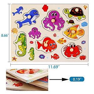 Wooden Peg Puzzles for Toddlers, 3 Pack Ocean Transportation Fruit Puzzles for Kids 1-3 Years Old, Early Educational Preschool Learning Puzzles Toys for Boys and Girls Ages 1 2 3 4 5