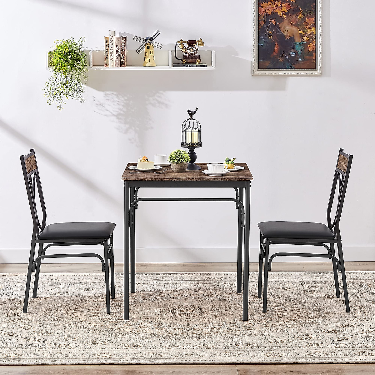 VECELO Kitchen Dining Room Table Set with 2 Chairs for Small Space, Apartment,Metal Steel Frame