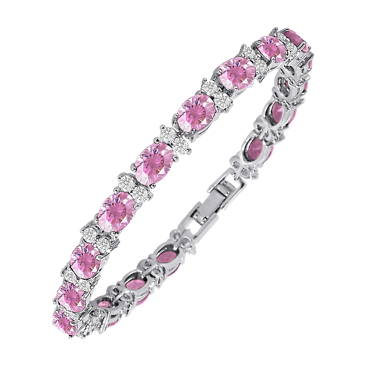 KEZEF Tennis Bracelets For Women - Cubic Zirconia - Oval 7x5mm Pink Gemstones - Round 2.50mm White CZ - Silver Plated Brass - 7 Inch - Hypoallergenic Bracelets