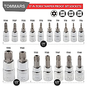 TOMMARS 60-Pc Master Torx Bit Socket and External Socket Set 1/4", 3/8", 1/2" Drive, S2 Steel Bits, CRV Sockets E4-E24, T6-T70,TT6-TT70,TP8-TP60