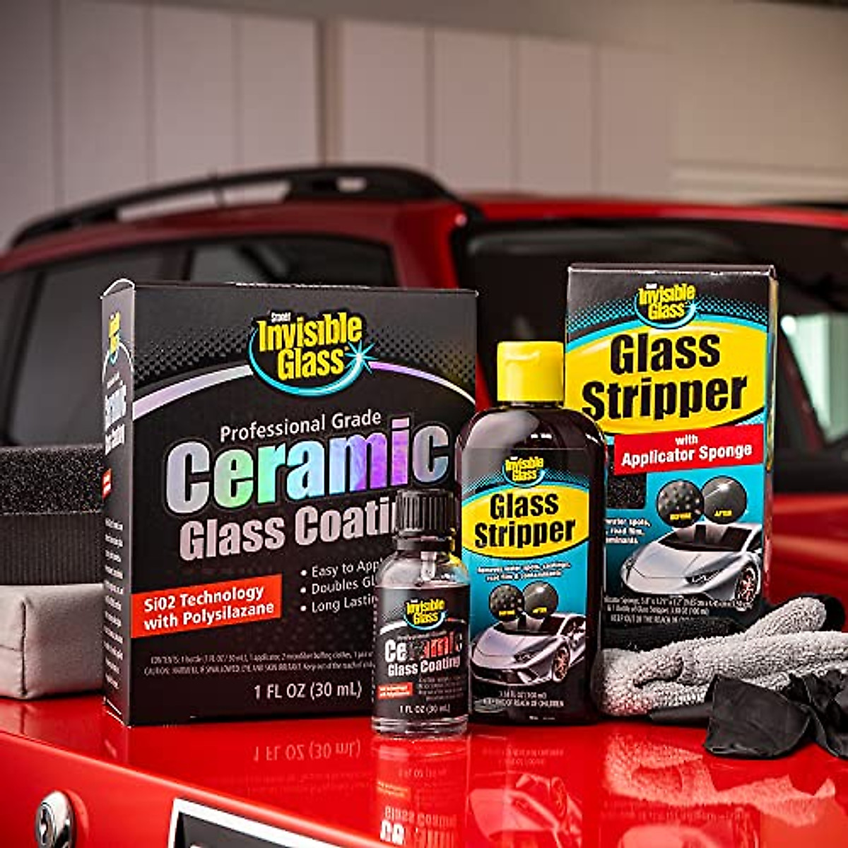 Invisible Glass 99017 Pro Glass Care 5-Piece Kit Includes Glass Stripper to Polish and Restore Automotive Glass, Premium Glass Cleaner, Ceramic Glass Cleaner and Two Microfibers