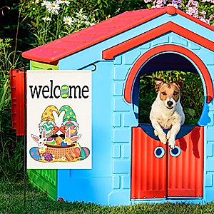 Tatuo 2 Pieces Easter Garden Flag 12 x 18 Inch Double Sided Burlap Yard Flags Holiday Rabbit Gnome House Flag Egg Spring Decorative Flag for Outdoor Decoration