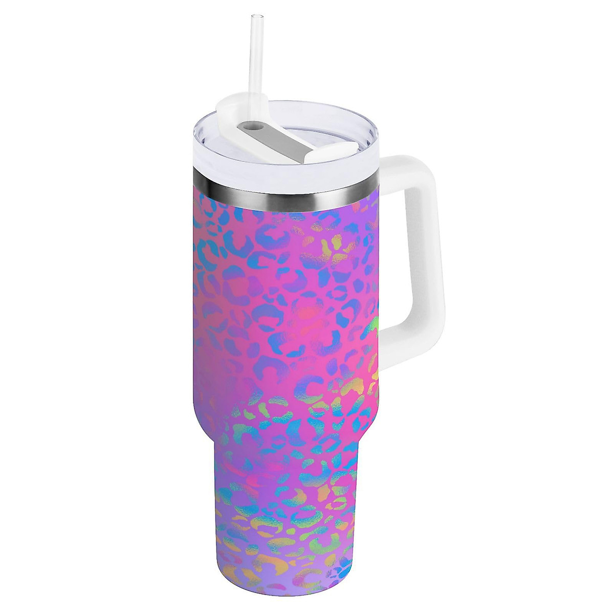 Bright Neon Leopard Tumbler with Handle and Straw Lid, Holographic Gradient 30 oz Insulated Coffee Cup Stainless Steel Water Bottle Travel Mug Cupholder Friendly,Gifts for Women Men