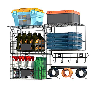 Niovrooro Garage Shelving Wall Mounted With Wire Baskets and Hooks,Basement Hanging Storage And Organizers,Heavy Duty Organization Shelves,Wall Storage Rack