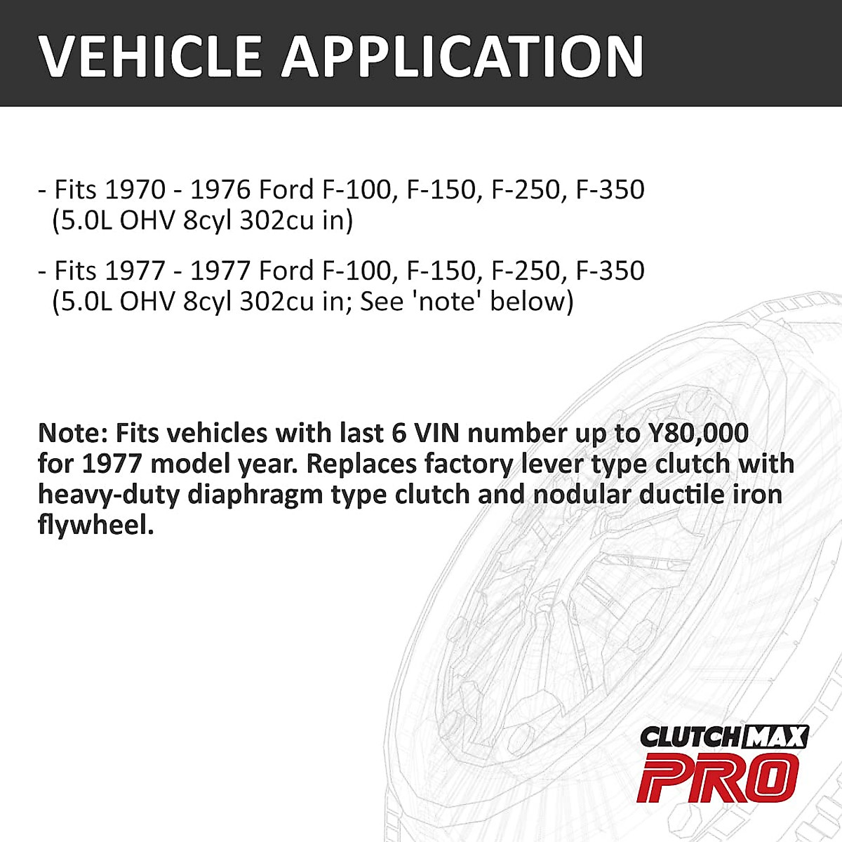 ClutchMaxPRO Heavy Duty OEM Clutch Kit with Flywheel Compatible with 1970 1971 1972 1973 1974 1975 1976 1977 F100 F150 F250 F350 5.0L V8 302ci (CP07227HDFW-CK)