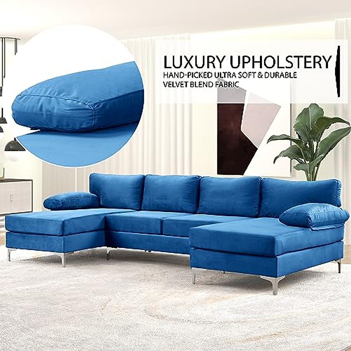 Casa AndreaMilano Modern Large Velvet Fabric U-Shape Sectional Sofa, Double Extra Wide Chaise Lounge Couch