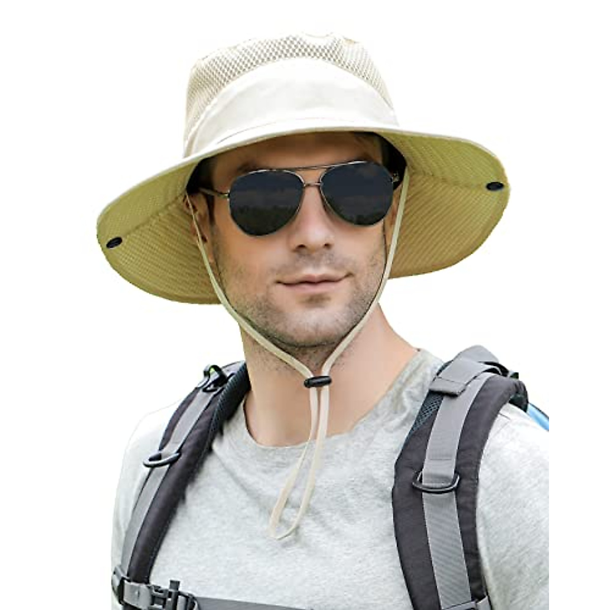 Koreshion Mens Womens Sun Hat Wide Brim Breathable Mesh UPF 50+ Bucket Hat Waterproof Fishing Hat Quick-Drying Safari Hat Foldable Boonie Cap Outdoor Sun Protection Cap Khaki