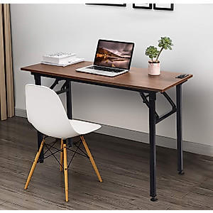 Frylr Small Folding Computer Desk 31.5''LX 15.7''X 29'' with 2 Power Sockets and 2.1A USB Charging Ports, Home Office Desk Portable Writing Desks for Small Space, Foldable Desk, Walnut