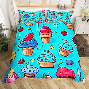 Feelyou Kids Cake Duvet Cover Strawberry Fruit Cake Bedding Set for Boys Girls Food Modern Art Comforter Cover Twin Size Bedspread Cover