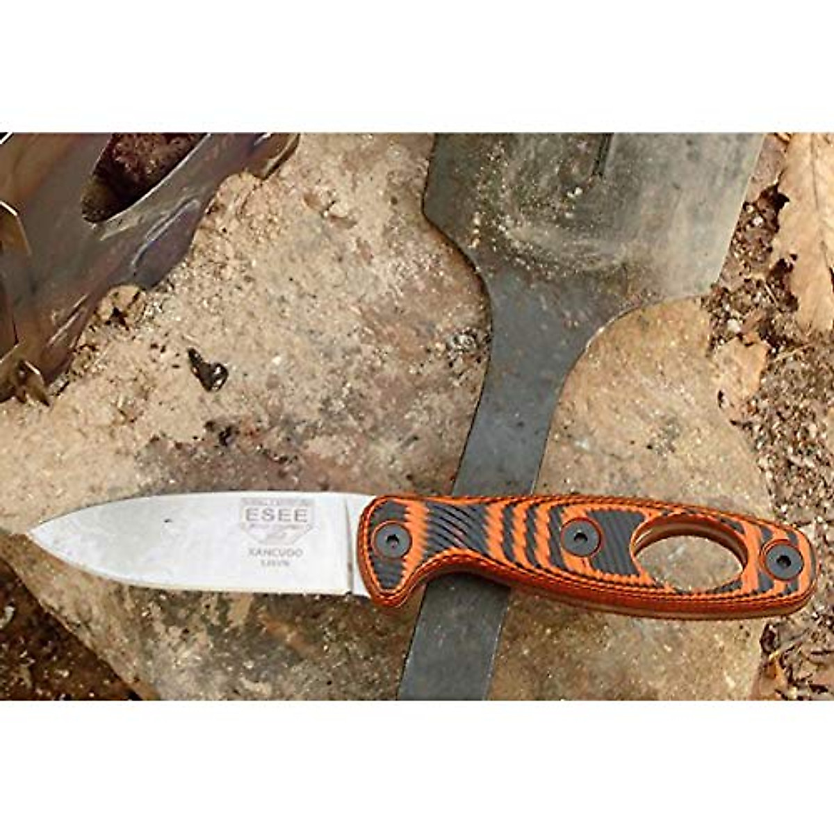 ESEE Xancudo S35V Fixed Blade Knife with Black Sheath, Outdoor Knife with 3D Contoured Handle, Made in USA (Orange/Black G-10 w/Hole)