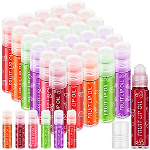 Dansib 30 Pcs Roll on Lip Gloss Glossy Fruit Lip Oil for Girls Kids Clear Flavored Lip Make-up Party Gifts for Teen, Assortment Set (Fruity)