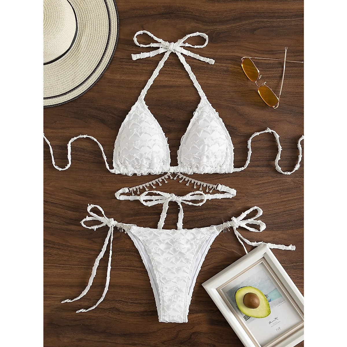 WDIRARA Women's Lettuce Trim Rhinestone Halter Triangle Bikini Set 2 Piece Swimsuit White S