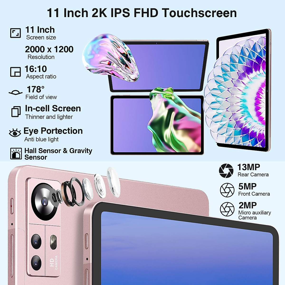 2024 Newest 11 inch Tablet Android 13 Tablets 16GB RAM 256GB ROM 1TB Expand, 2K 2000 x 1200 Display, Octa-Core, Triple Camera, 8600mAh, Quad Speakers, 5G/2.4G WiFi, GPS,Bluetooth,with Case -Rose Gold