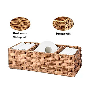3 Section Toilet Paper Tray Basket, Toilet Tank Waterproof Storage Baskets, Rustic Farmhouse Bathroom Decor, Organizer for Bathroom, Wicker Organizer for Bathroom Home Washroom (Light Brown)