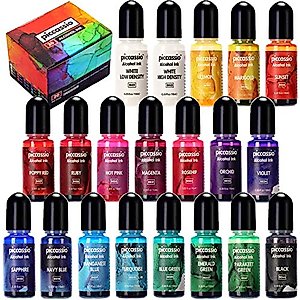 Piccassio Alcohol Ink Set - 20 Vibrant Alcohol Inks - Acid-Free,Fast-Drying and Permanent Inks-Versatile Alcohol Ink for Epoxy Resin, Fluid Art Painting,Tumblers,Ceramic,Glass,Metal and more - 20x10ml