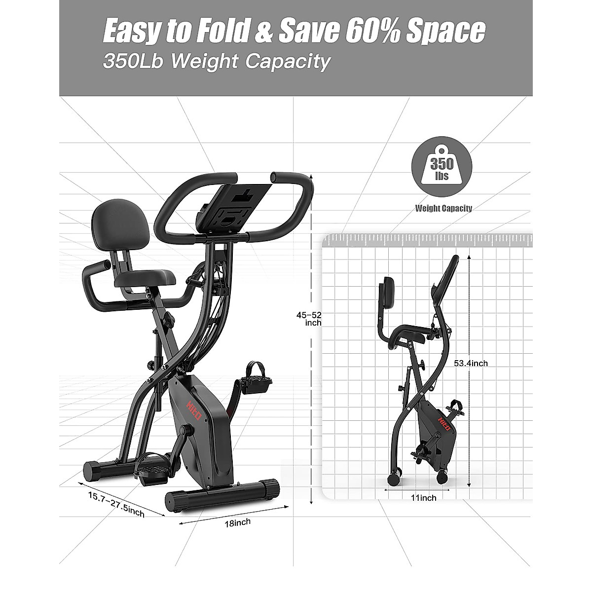 Folding Exercise Bike with Arm Resistance Bands, Magnetic Upright Indoor Cycling Bike Stationary for Home Gym & Cardio Workout