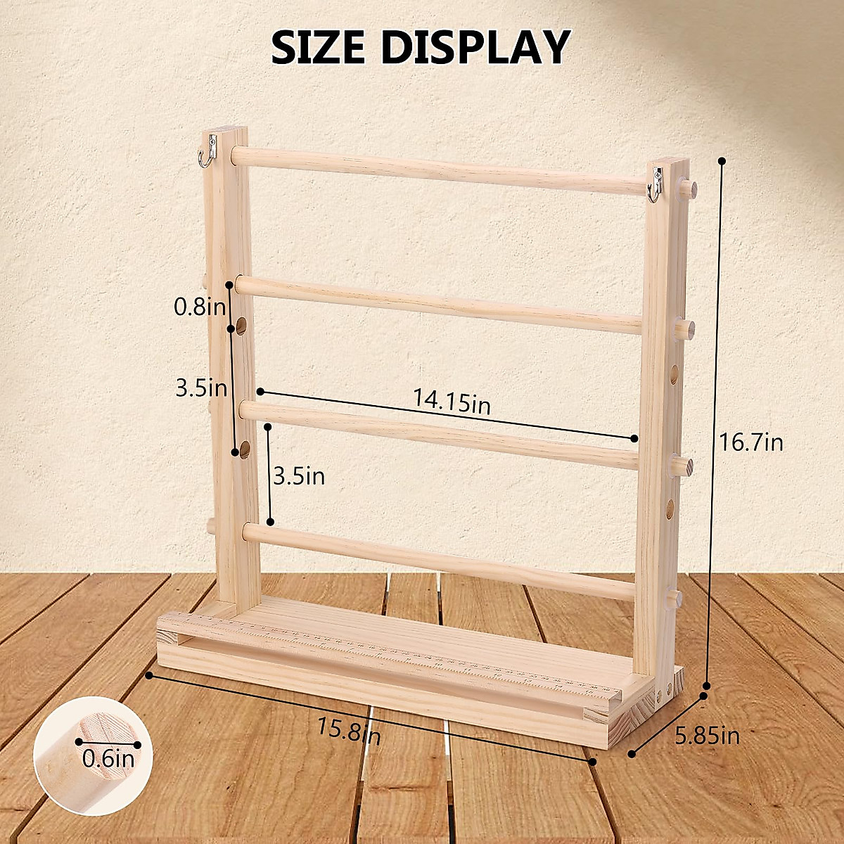 Ribbon Storage Organizer Rack 4 Tier Adjustable Wooden Ribbon Holder Spool Holder Organizer Rack Spool for Sewing Craft Mesh Thread Tape Wreath Crochet Roll Washi Tape Craft Gift Florist Wrapping