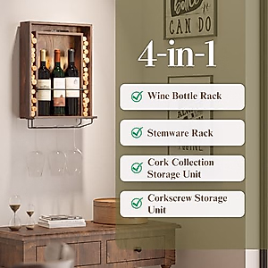 Rustic State Kayra Wall Mounted Wood Wine Bottle Box Rack with Cork Storage Glassware Holder Stemware Shelf Organizer - Home, Kitchen, Dining Room Bar Décor - Walnut