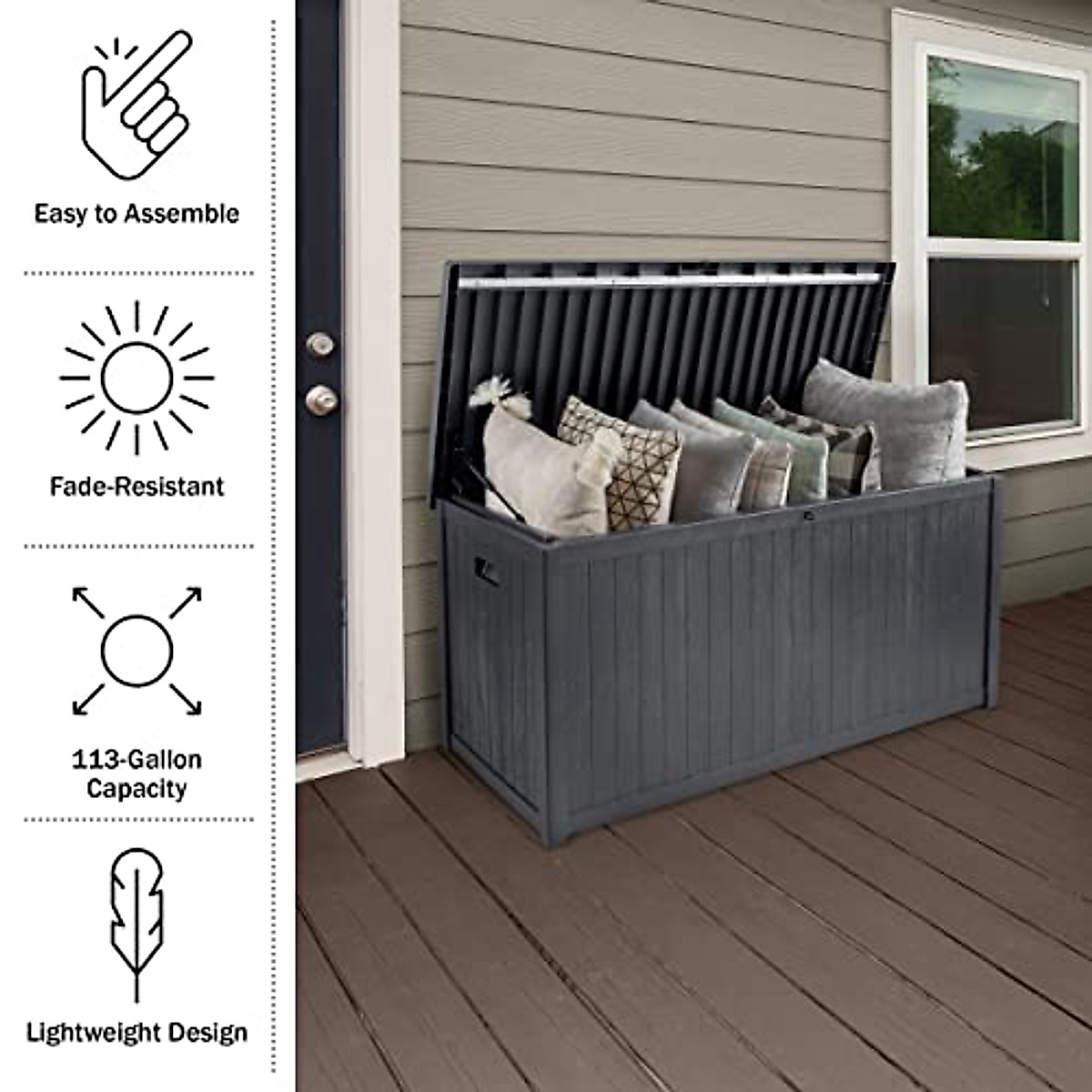 Pure Garden Storage Box - 113Gal Waterproof Box for Patio or Pool Storage - Durable and Fade-Resistant Resin Deck Box with Lockable Design (Gray)