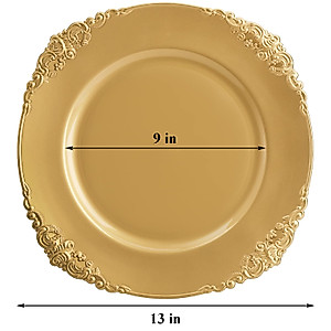 Okllen 12 Pack Gold Charger Plates, 13" Round Charger Plates with Embossed Rim, Decorative Dinner Charger Serving Plates for Catering, Wedding, Tabletop Decor