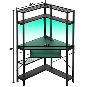 Cyclysio Small Corner Desk with Hutch, Corner Gaming Desk with LED Light & Power Outlets, Computer Desk with Keyboard Tray, Triangel Desk for Small Space, Home Office, Workstation, Black