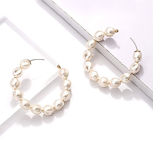 Pearl Hoop Earrings for Women Lightweight Faux Pearl Beaded Earrings Open Hoop Dangle Earrings Bridal Gifts (pure pearls hoop style)