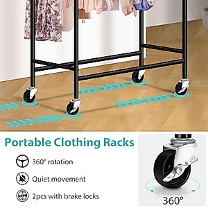 AOODA Double Rod Long Clothing Racks for Hanging Clothes, Heavy Duty Rolling Garment Rack with Top Shelves, Portable Closet Wardrobe Clothes Rack with Wheels for Dresses, Coats, Shirts (Black)