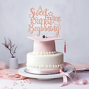 A Sweet Ending to A New Beginning Cake Topper, Congrats Grad 2025, Graduation/Wedding/Retirement Party Decorations, Rose Gold Glitter