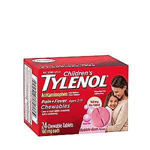 Tylenol Children's Chewables with 160 mg Acetaminophen, Pain Reliever & Fever Reducer for Kids' Cold + Flu Symptoms, Headache, Sore Throat & Toothache, Aspirin-Free, Bubble Gum, 24 ct