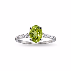 GemStar USA Sterling Silver Peridot and White Topaz Oval Crown Ring, Size 10