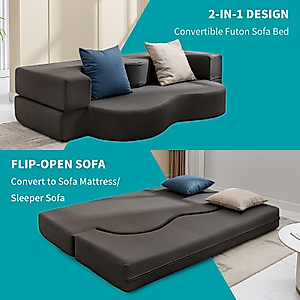 BALUS Futon Sofa Bed, Convertible Floor Sofa Bed with Faux Leather,Memory Foam Filled & Foldable for Easy Storage, Ideal for Living Room and Guest Room, Full Size, Dark Gray