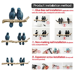 JiuLiJiu Handmade Rustic Bird Decorative Wall Hooks - Entryway Key Hanger, No-Drill Installation, Country Style Coat and Hat Hooks (Dark Blue, 3 Birds with 3 Hooks)