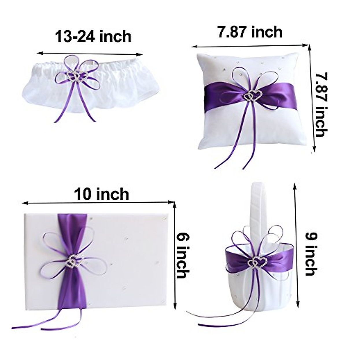 Awtlife 5pcs Sets Purple Wedding Flower Girl Basket Guest Book Pen with Ring Pillow and Garter