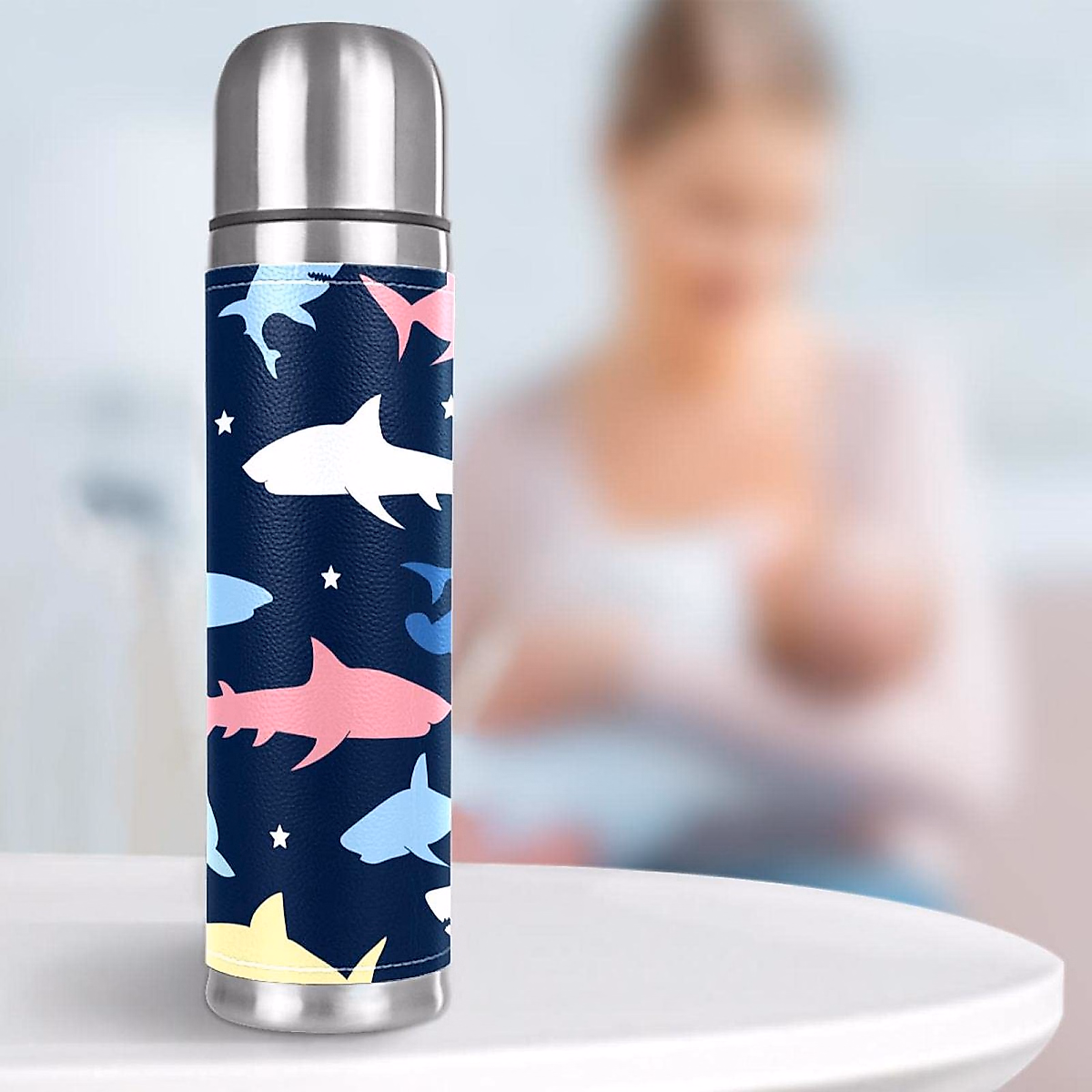 Colorful Shark And Star Thermos Vacuum Insulated 1L Compact Stainless Steel Beverage Bottle