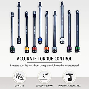 Orion Motor Tech 5pc 1/2" Drive Torque Limiting Extension Bar Set, Torque Extension Tool Set with 8 Inch Torque Sticks for Locking Lug Nuts with 65-140 ft-lb Force, Impact Torque Limiter Set