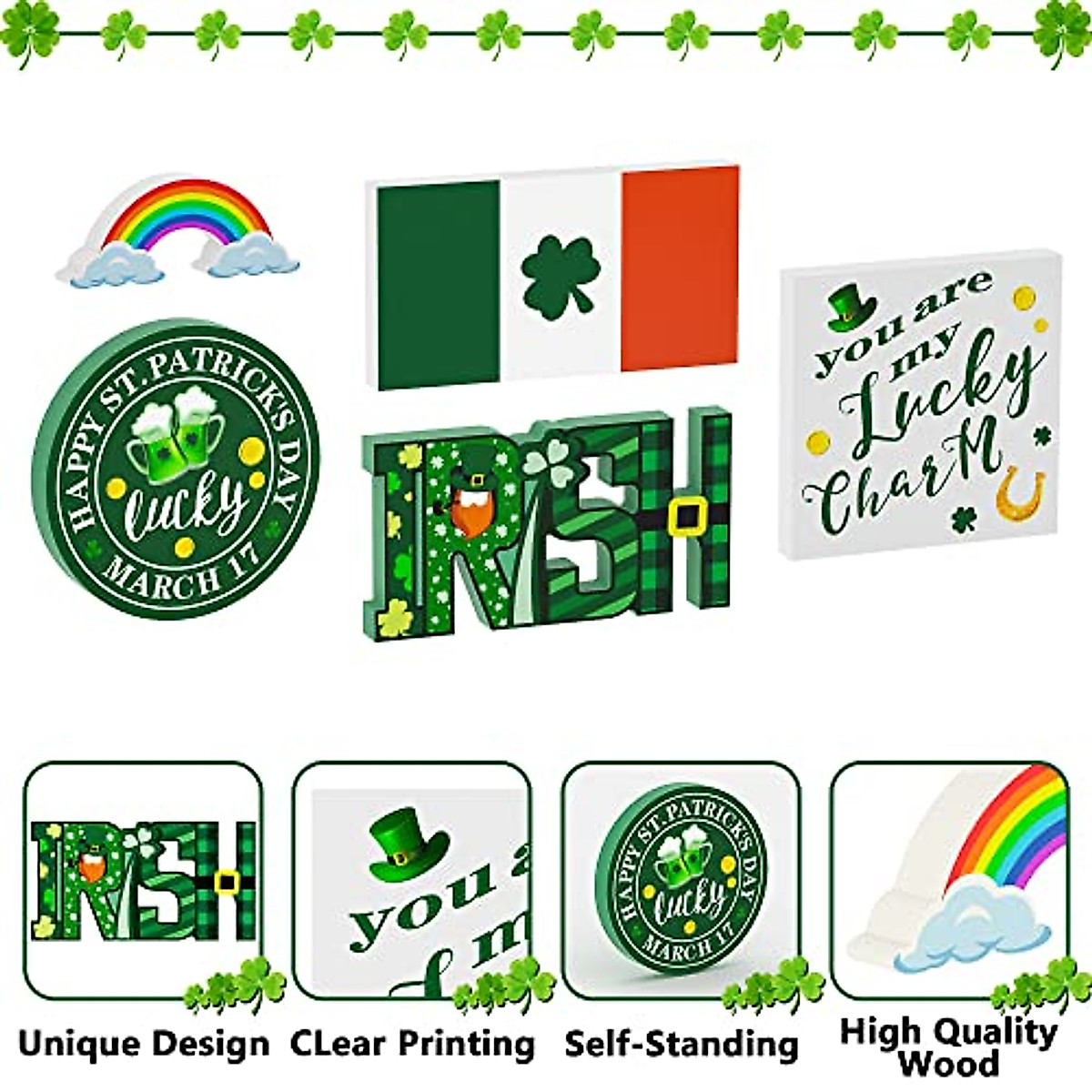 St. Patrick's Day Tiered Tray Decor, 5 Pcs Shamrock Wooden Signs Irish Rainbow Table Signs for Farmhouse St. Patricks Day Decorations