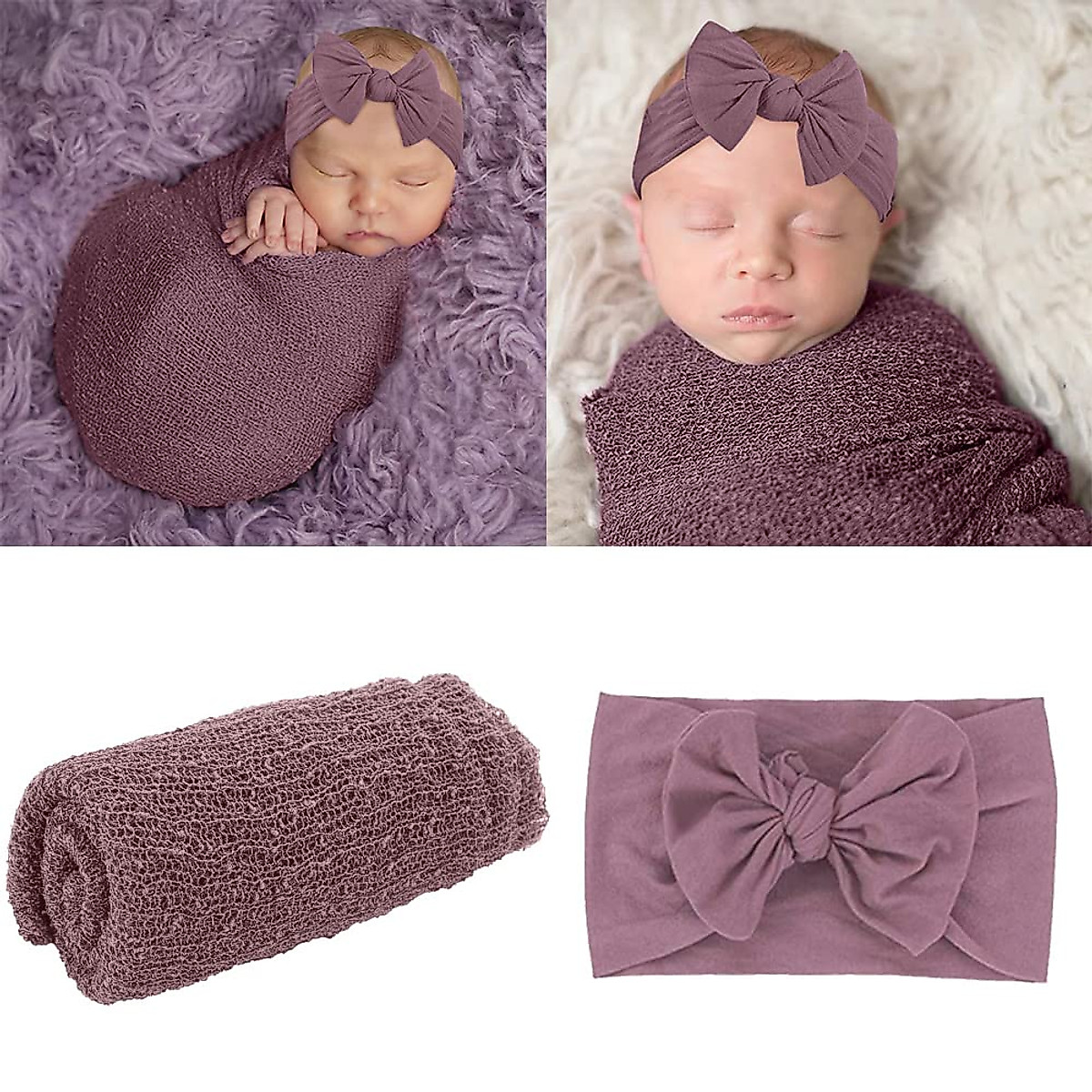 Baby Photo Props - 6 PCS Newborn Photography Wraps Long Ripple Wraps with Headbands, Baby Photo Props Set for Baby Girl and Boy (White, Pink, Purple)