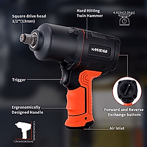 MANUSAGE Air Impact Wrench 1/2 inch with Twin Hammers, Pneumatic Heavy Duty Tools, 1200 ft-lbs Powerful Torque Output,7000RPM, Forward/Reverse, Speed Control, RP9510, Black, Red