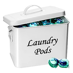 Laundry Pods Container, 3.8Qt Hold 88 Laundry Pods Storage Holder, White Laundry Storage Container White Rustic Tin Laundry Room Organizing Box Reusable Farmhouse Decoration