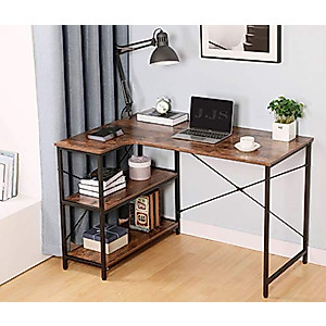 JJS L-Shaped Home Office Corner Writing Computer Desk with Build-in Bookcase, Wood Metal Modern Study Laptop Table Workstation with Storage Shelves for Small Space, Antony Rustic Brown